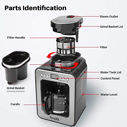 Secura Coffee Automatic Coffee Maker with Grinder, Programmable Grind and Brew Coffee Machine for use with Ground or Whole Beans, 17 oz Glass Carafe, Black (CM6686AT)