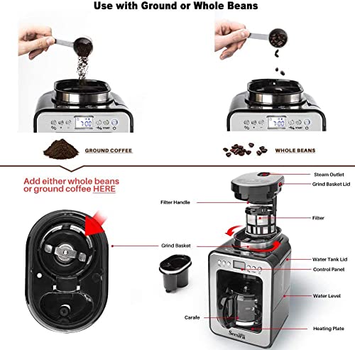 Secura Coffee Automatic Coffee Maker with Grinder, Programmable Grind and Brew Coffee Machine for use with Ground or Whole Beans, 17 oz Glass Carafe, Black (CM6686AT)