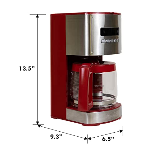 Kenmore Aroma Control 12-cup Programmable Coffee Maker, Red and Stainless Steel Drip Coffee Machine, Glass Carafe, Reusable Filter, Timer, Digital Display, Charcoal Water Filter, Regular or Bold