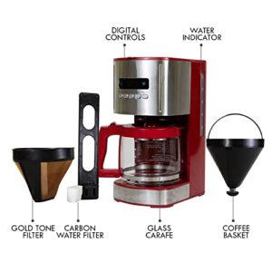 Kenmore Aroma Control 12-cup Programmable Coffee Maker, Red and Stainless Steel Drip Coffee Machine, Glass Carafe, Reusable Filter, Timer, Digital Display, Charcoal Water Filter, Regular or Bold