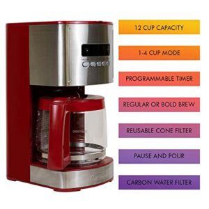 Kenmore Aroma Control 12-cup Programmable Coffee Maker, Red and Stainless Steel Drip Coffee Machine, Glass Carafe, Reusable Filter, Timer, Digital Display, Charcoal Water Filter, Regular or Bold