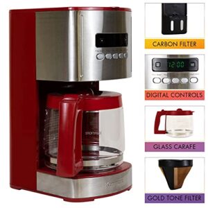 Kenmore Aroma Control 12-cup Programmable Coffee Maker, Red and Stainless Steel Drip Coffee Machine, Glass Carafe, Reusable Filter, Timer, Digital Display, Charcoal Water Filter, Regular or Bold