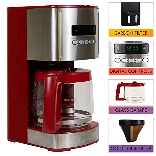 Kenmore Aroma Control 12-cup Programmable Coffee Maker, Red and Stainless Steel Drip Coffee Machine, Glass Carafe, Reusable Filter, Timer, Digital Display, Charcoal Water Filter, Regular or Bold