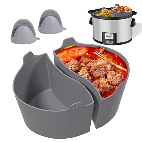 Slow Cooker Liners Fit 6/7/8QT Crockpot, Large Size Crock Pot Liners 2 in 1 Reusable & Leakproof Silicone Crockpot Liners 6-8QT Divider Slow Cooker Divider, Grey