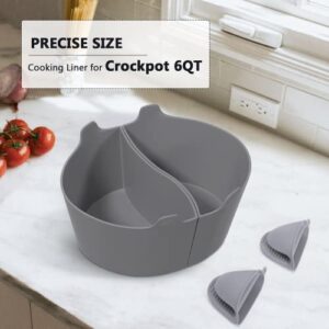 Slow Cooker Liners Fit 6/7/8QT Crockpot, Large Size Crock Pot Liners 2 in 1 Reusable & Leakproof Silicone Crockpot Liners 6-8QT Divider Slow Cooker Divider, Grey