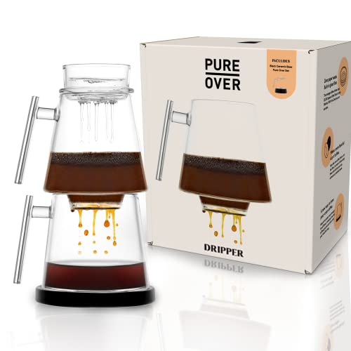 Pure Over Glass Pour Over Coffee Maker Kit | 6 Piece Set w/Mug | Built-In Paperless Reusable Glass Filter | Easy to Clean | Made of Borosilicate Glass | Heat Resistant