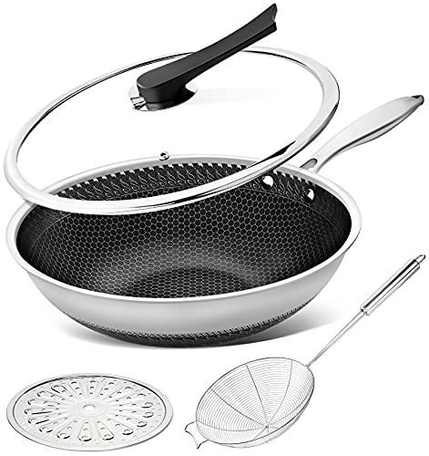 MICHELANGELO Wok Pan with Lid, 12 Inch Stainless Steel Wok Set with Spider Strainer and Steaming Rack, Honeycomb Woks & Stir-fry Pans Flat Bottom Wok Induction Compatible, Dishwasher and Oven Safe