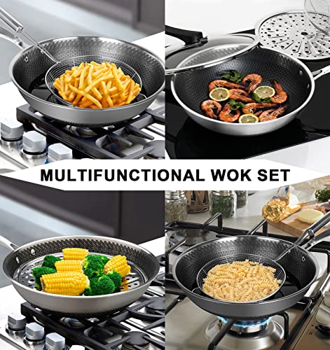 MICHELANGELO Wok Pan with Lid, 12 Inch Stainless Steel Wok Set with Spider Strainer and Steaming Rack, Honeycomb Woks & Stir-fry Pans Flat Bottom Wok Induction Compatible, Dishwasher and Oven Safe