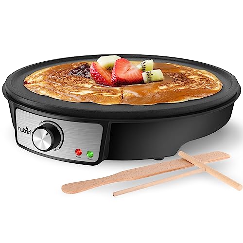 Electric Crepe Maker Pan & Griddle - 12 Inch Nonstick Aluminum Cooktop with LED Indicators & Adjustable Temperature Control - Includes Spatula, Batter Spreader - Perfect for Crepes, Roti & Pancakes.