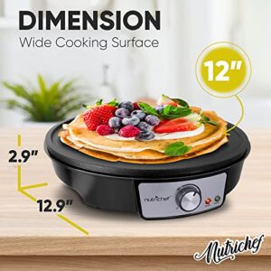 Electric Crepe Maker Pan & Griddle - 12 Inch Nonstick Aluminum Cooktop with LED Indicators & Adjustable Temperature Control - Includes Spatula, Batter Spreader - Perfect for Crepes, Roti & Pancakes.