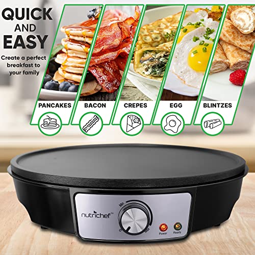 Electric Crepe Maker Pan & Griddle - 12 Inch Nonstick Aluminum Cooktop with LED Indicators & Adjustable Temperature Control - Includes Spatula, Batter Spreader - Perfect for Crepes, Roti & Pancakes.