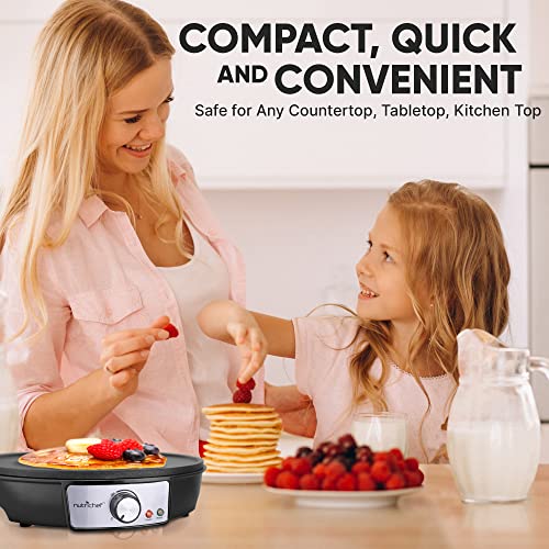 Electric Crepe Maker Pan & Griddle - 12 Inch Nonstick Aluminum Cooktop with LED Indicators & Adjustable Temperature Control - Includes Spatula, Batter Spreader - Perfect for Crepes, Roti & Pancakes.