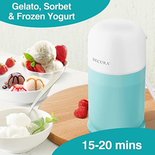 Secura Ice Cream Maker Mini Electric Ice Cream Machine for Quick Homemade Gelato, Sorbet, Frozen Yogurt with Mixing Spoon & Recipe Book, BPA-free, 0.4qt Aqua