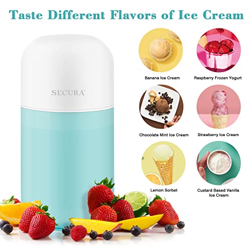 Secura Ice Cream Maker Mini Electric Ice Cream Machine for Quick Homemade Gelato, Sorbet, Frozen Yogurt with Mixing Spoon & Recipe Book, BPA-free, 0.4qt Aqua