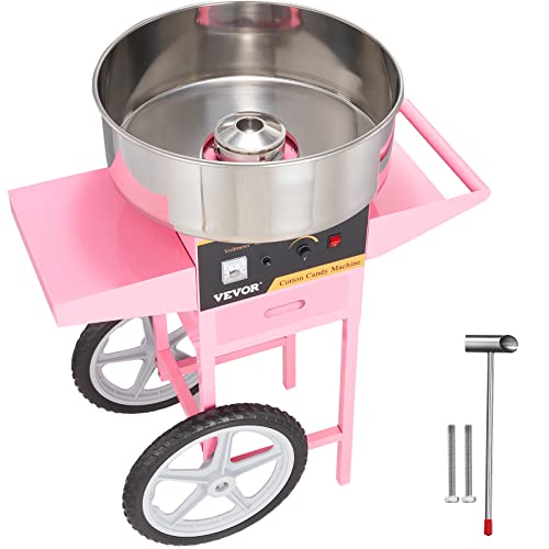 VEVOR Cart Electric Cotton Candy Machine, 1000W Commercial Floss Maker with Stainless Steel Bowl, Sugar Scoop and Drawer, Perfect for Home, Kids Birthday, Family Party, Pink