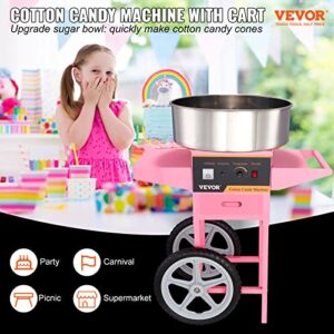 VEVOR Cart Electric Cotton Candy Machine, 1000W Commercial Floss Maker with Stainless Steel Bowl, Sugar Scoop and Drawer, Perfect for Home, Kids Birthday, Family Party, Pink