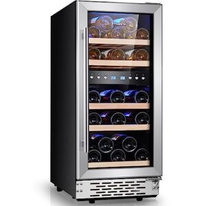 phiestina wine cooler refrigerator wine fridge29 bottles dual temp zone with temperature memory function,built-in/freestanding adjustable shelves glass door quiet 15inch for home kitchen office