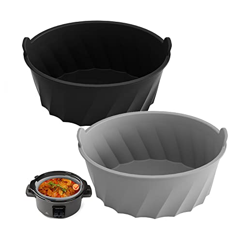 Slow Cooker Liners, Food Grade Silicone Crockpots Liner Safer Reusable, 6-7 Qt Oval Crock Pot Liners Silicone for Slow Cookers 2 Pcs (Black & Gray)