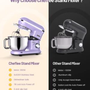 CHeflee Stand Mixer, 6 Quart, 600W 6+P Speed Household Electric Food Mixer with 6 Accessories for Dough, Cream, Cake, Kitchen Electric Mixer, Lavender