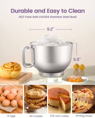 CHeflee Stand Mixer, 6 Quart, 600W 6+P Speed Household Electric Food Mixer with 6 Accessories for Dough, Cream, Cake, Kitchen Electric Mixer, Lavender