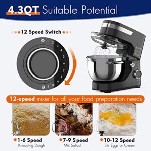 Stand Mixer, whall 12-Speed Tilt-Head Kitchen Mixer,for Baking Bread,Cakes,Cookie,Pizza,Salad, Electric Food Mixer with Dough Hook/Wire Whip/Beater, Stainless Steel Bowl, (black)