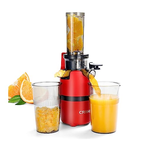 CRANDDI Super Mini Juicer Machines, 110v, 100w Slow Masticating Juicer Easy to Clean, Cold Press Juice Extractor with Brush and Reverse Function for Fruit Vegetable Juice, M-228 Red