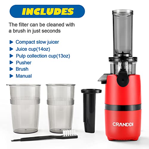 CRANDDI Super Mini Juicer Machines, 110v, 100w Slow Masticating Juicer Easy to Clean, Cold Press Juice Extractor with Brush and Reverse Function for Fruit Vegetable Juice, M-228 Red