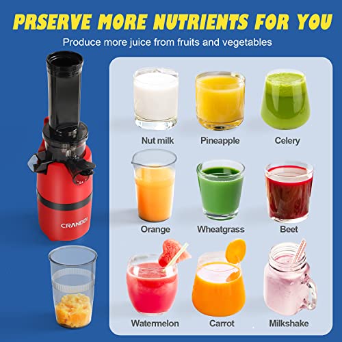 CRANDDI Super Mini Juicer Machines, 110v, 100w Slow Masticating Juicer Easy to Clean, Cold Press Juice Extractor with Brush and Reverse Function for Fruit Vegetable Juice, M-228 Red