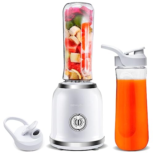 Geniuslix Personal Blender for Smoothies & Shakes - Portable Mini Smoothie Blender with BPA-Free 2 Travel Bottles 20 oz with Lids, 2 Speed Manual Control & Pulse Function, 6 Stainless Steel Blades for Crushing Ice - 300 Watts.