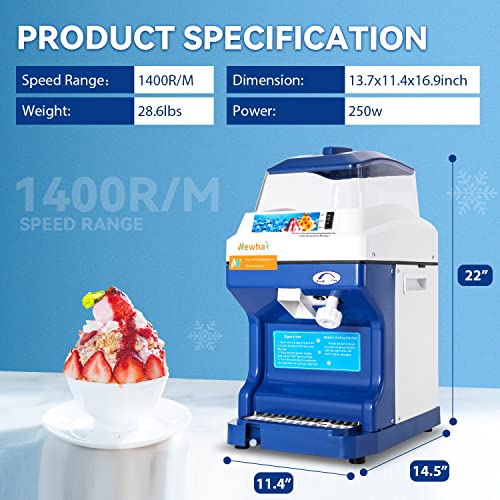 Newhai Ice Shaver Commercial Ice Crusher Electric Shaved Ice Machine 300W Automatic Snow Cone Maker 1400RPM Thickness Adjustable 441 LBS/H Ice Shaving Machine