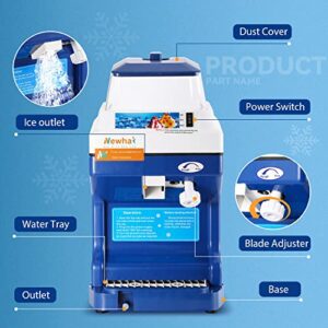 Newhai Ice Shaver Commercial Ice Crusher Electric Shaved Ice Machine 300W Automatic Snow Cone Maker 1400RPM Thickness Adjustable 441 LBS/H Ice Shaving Machine