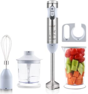 vinchef 5 in 1 immersion hand blender, 300 watt, multi-speed stainless steel handheld stick blender with 700ml beaker, whisk, chopper/grinder bowl and wall rack, bpa-free