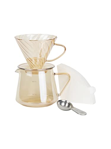 Pour Over Coffee Maker Set with Glass Dripper, 600ml 20oz V60 Coffee Server Pot, 50 Paper Filter and Spoon, Gift Kit for Coffee Lover