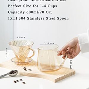 Pour Over Coffee Maker Set with Glass Dripper, 600ml 20oz V60 Coffee Server Pot, 50 Paper Filter and Spoon, Gift Kit for Coffee Lover