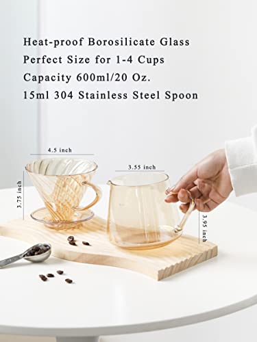 Pour Over Coffee Maker Set with Glass Dripper, 600ml 20oz V60 Coffee Server Pot, 50 Paper Filter and Spoon, Gift Kit for Coffee Lover