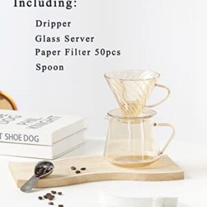 Pour Over Coffee Maker Set with Glass Dripper, 600ml 20oz V60 Coffee Server Pot, 50 Paper Filter and Spoon, Gift Kit for Coffee Lover