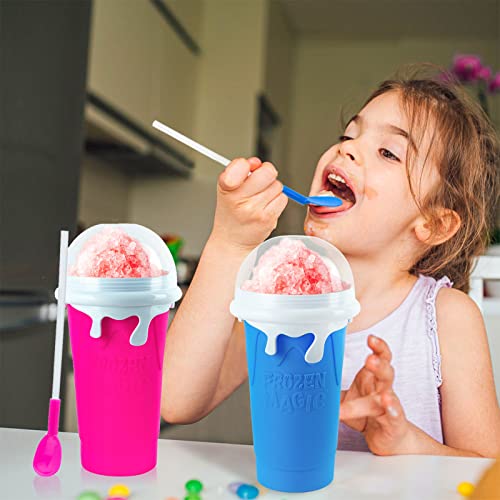 [500+500ML] 2Pack Slushie Maker Cup, DIY Frozen Magic Cup Slushy, Double Layers Silica Smoothie Pinch Ice Cup,Quick Cooling Cup Homemade Milk Shake Ice Cream Maker (Blue+Pink)