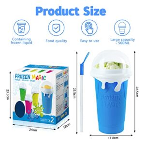 [500+500ML] 2Pack Slushie Maker Cup, DIY Frozen Magic Cup Slushy, Double Layers Silica Smoothie Pinch Ice Cup,Quick Cooling Cup Homemade Milk Shake Ice Cream Maker (Blue+Pink)