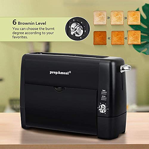 prepAmeal Long Slot Toaster 2 Slice Toaster with 6 Shade Settings, Bagel/Cancel, Extra Wide Slots, Removable Crumb Tray, for Bagels, Waffles, Breads, Puff Pastry, Snacks (2-Slice, Black)