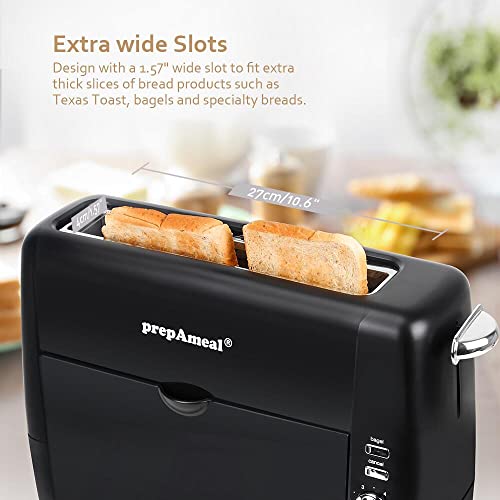 prepAmeal Long Slot Toaster 2 Slice Toaster with 6 Shade Settings, Bagel/Cancel, Extra Wide Slots, Removable Crumb Tray, for Bagels, Waffles, Breads, Puff Pastry, Snacks (2-Slice, Black)