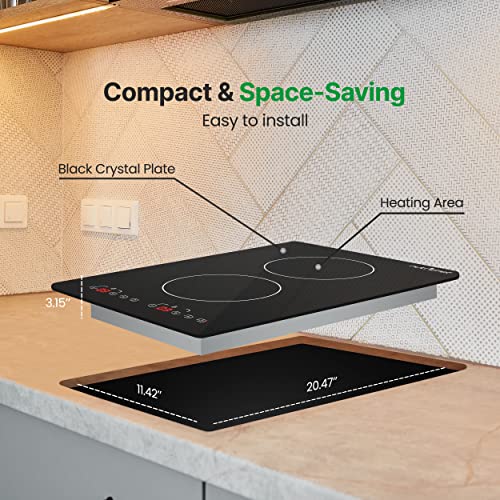 Induction Cooktop - 120V 2 Glass Induction Burner Zones with Adjustable Temperature Settings - 1800W Electric Induction Cooker with Digital Touch Sensor - Induction Hot plate - 20.47 by 11.42 inches