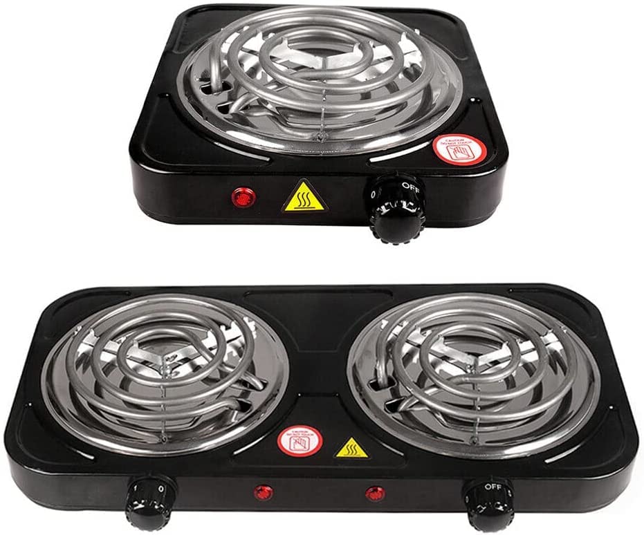 Timoau Double Countertop Portable Small Buffet Coiled, 2000W Electric Hot Burner Stainless Steel Electric Stove with 5 Level Temperature Control, Charcoal Burner for Camping&Cooking (Double Coil Burner)