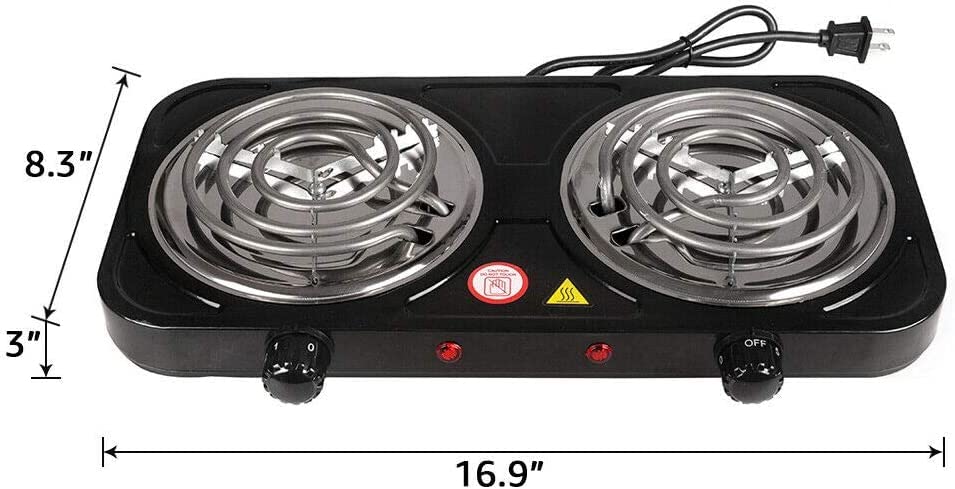 Timoau Double Countertop Portable Small Buffet Coiled, 2000W Electric Hot Burner Stainless Steel Electric Stove with 5 Level Temperature Control, Charcoal Burner for Camping&Cooking (Double Coil Burner)