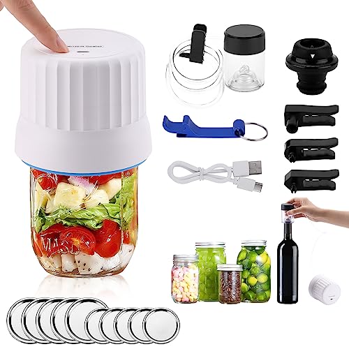 Electric Mason Jar Vacuum Sealer for Wide & Regular-Mouth Jar and Accessory Hose Compatible with FoodSaver Vacuum Sealer and Vacuum Container, Wine Vacuum Stoppers, Vacuum Sealer Kit for Wine Food Storage and Fermentation