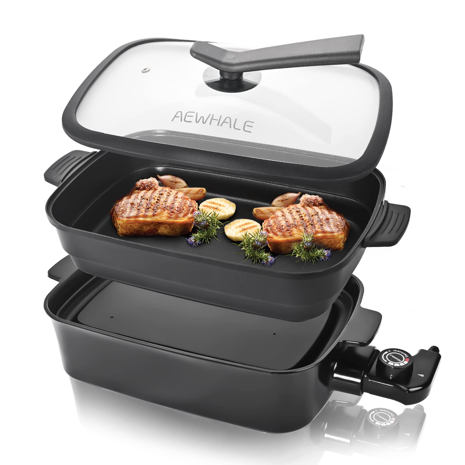 AEWHALE Electric Skillet - Black Non-Stick Grill with Removable Plate for Indoor Cooking,1400W Adjustable Temperature Party Griddle for Cooking Meats