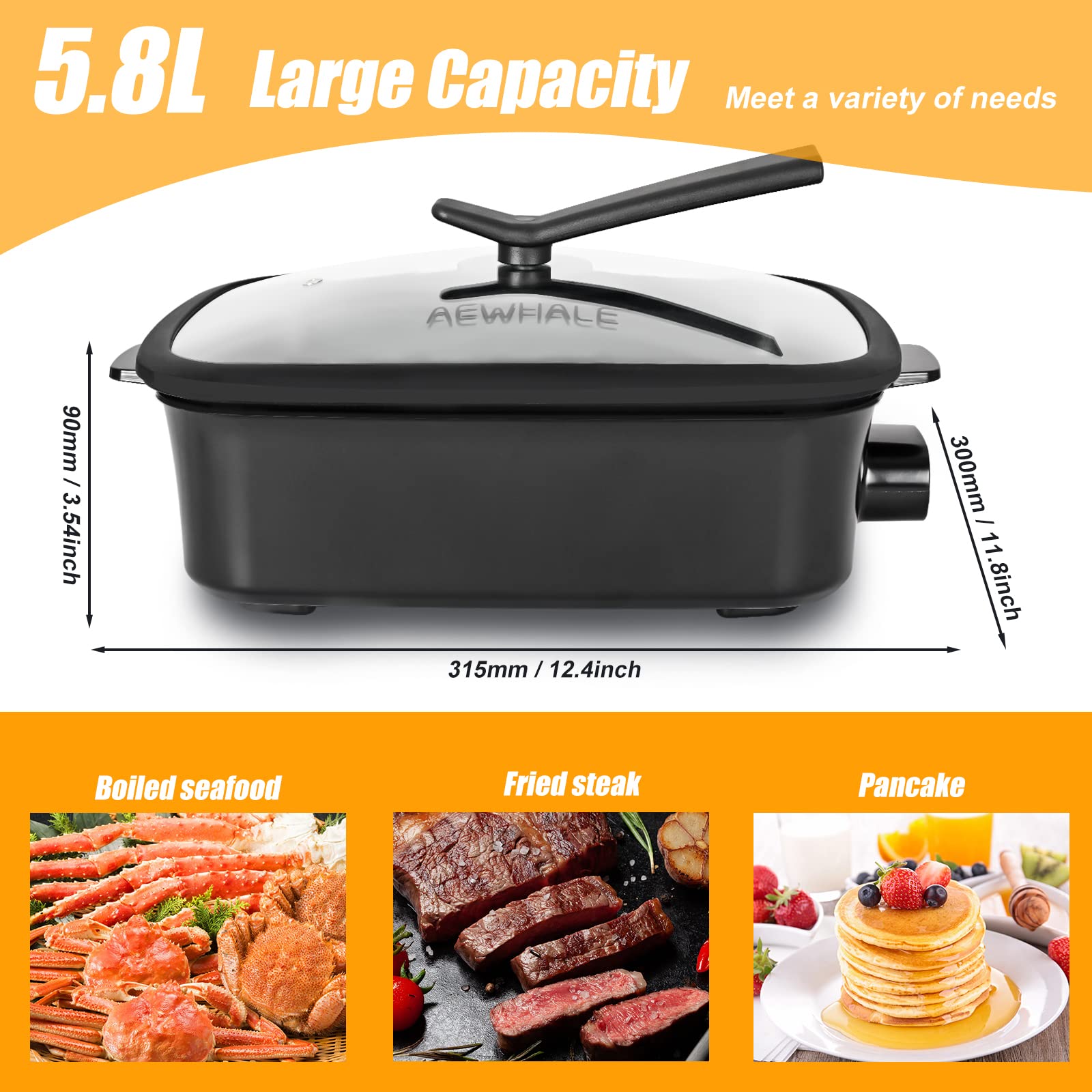 AEWHALE Electric Skillet - Black Non-Stick Grill with Removable Plate for Indoor Cooking,1400W Adjustable Temperature Party Griddle for Cooking Meats