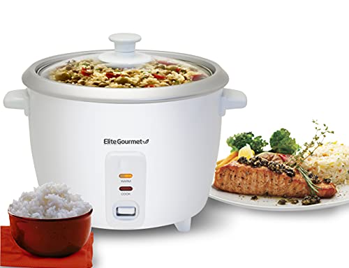 Elite Gourmet Elite Cuisine ERC-003# Electric Rice Cooker with Automatic Keep Warm Makes Soups, Stews, Grains, Hot Cereals, White, 6 Cups Cooked (3 Cups Uncooked)