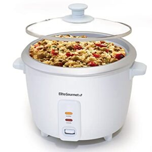 Elite Gourmet Elite Cuisine ERC-003# Electric Rice Cooker with Automatic Keep Warm Makes Soups, Stews, Grains, Hot Cereals, White, 6 Cups Cooked (3 Cups Uncooked)