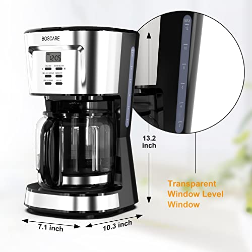 BOSCARE 12-Cup Programmable Coffee Maker: Drip Coffee Maker, Mini Coffee Machine with Auto Shut-off, Strength Control,Black