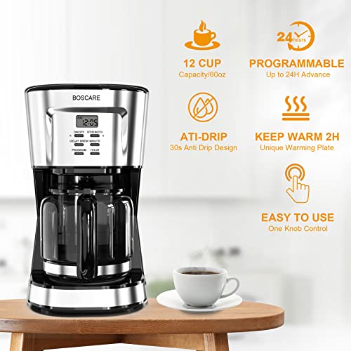 BOSCARE 12-Cup Programmable Coffee Maker: Drip Coffee Maker, Mini Coffee Machine with Auto Shut-off, Strength Control,Black